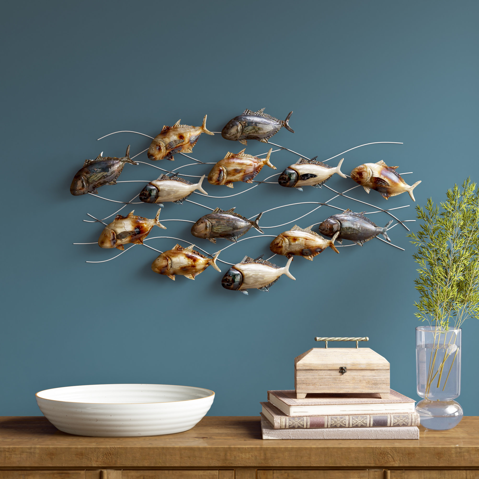 Highland Dunes Metal Indoor Outdoor Fish Blue Wall Decor with Silver and Bronze Accents Reviews Wayfair